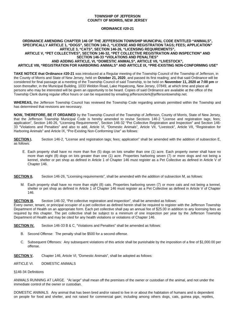 Ordinance 20 21 Amending Chapter 146 Animals Intro | PDF | Livestock | Pet