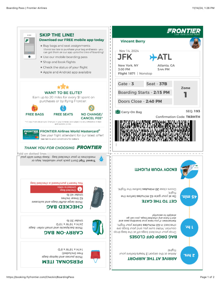 Boarding Pass - Frontier Airlines | PDF | Civil Aviation | Airlines
