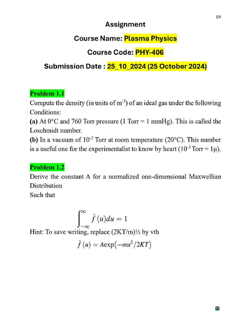 Plasma - PHY-406 - Assignment | PDF