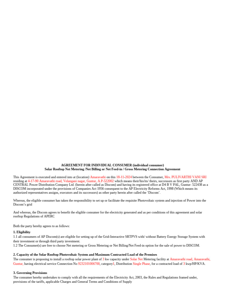 Subsidy Metering Agreement (As Per Hon'Ble APERC Format) | PDF ...