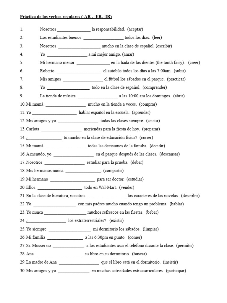 2practica de Verbos Regulares - AR - ER - IR y Formas Yo ...
