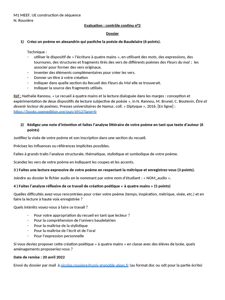 Pastiche poétique de Baudelaire en M1 MEEF | PDF | Les Fleurs du mal ...