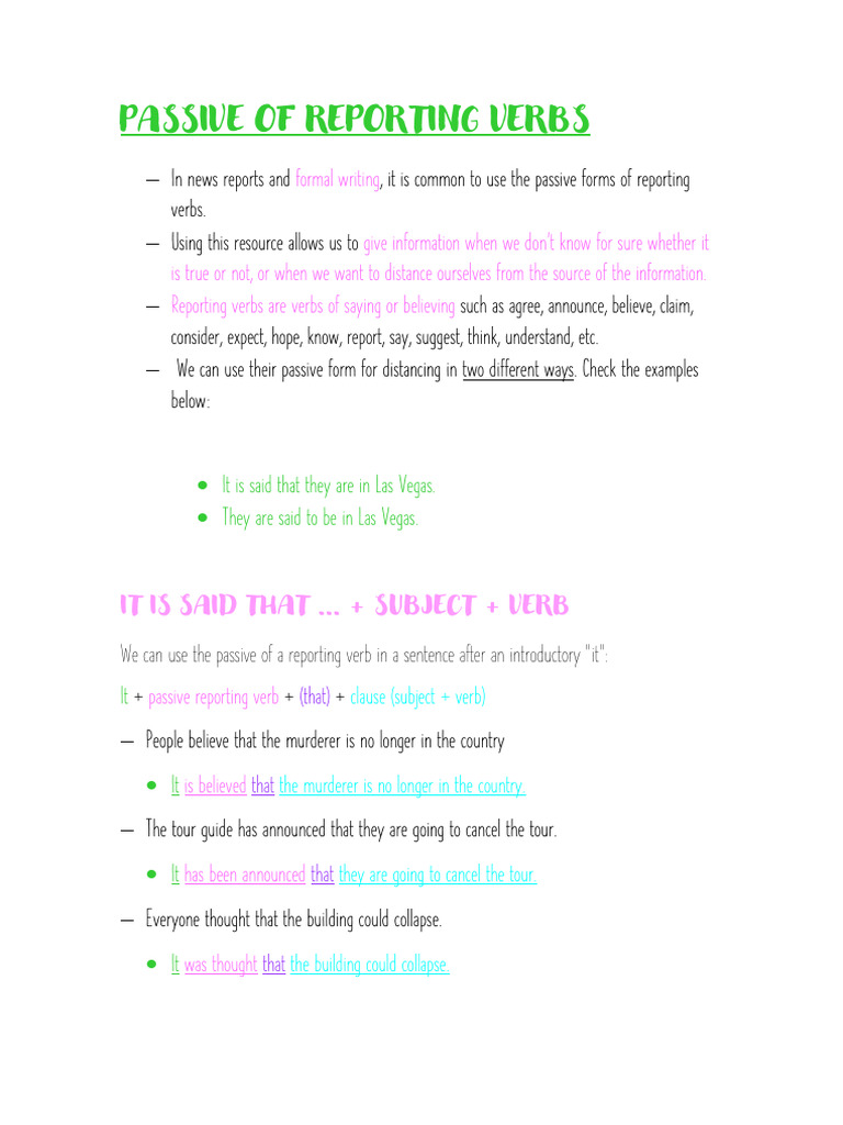 Passive of Reporting Verbs | PDF | Verb | Linguistics