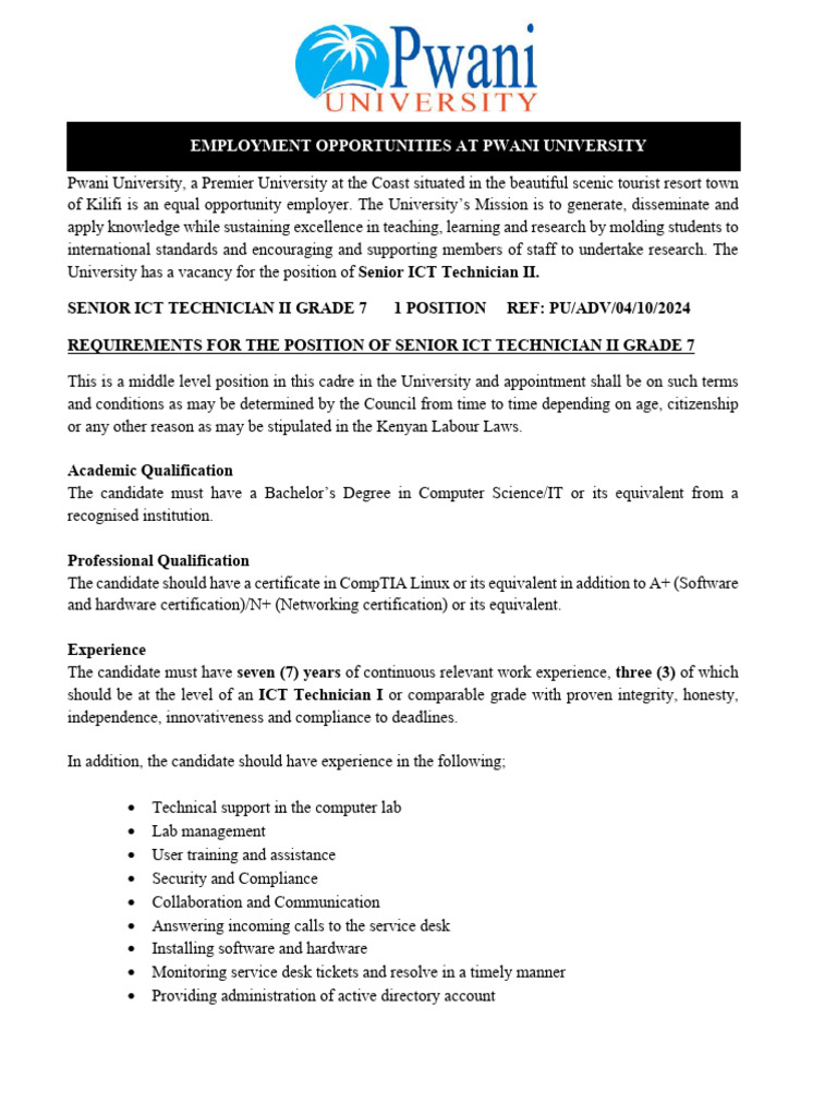 Senior ICT Technician Job at Pwani University | PDF | Information And ...