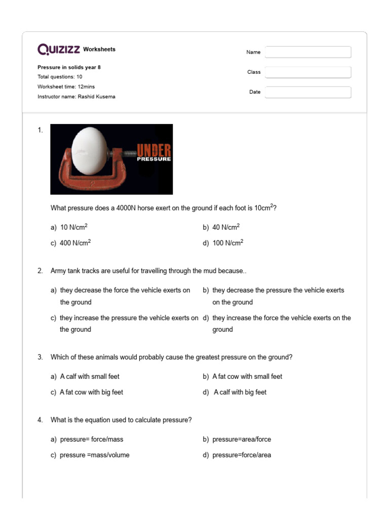 Pressure in Solids Year 8 - Quizizz | PDF | Pressure | Force