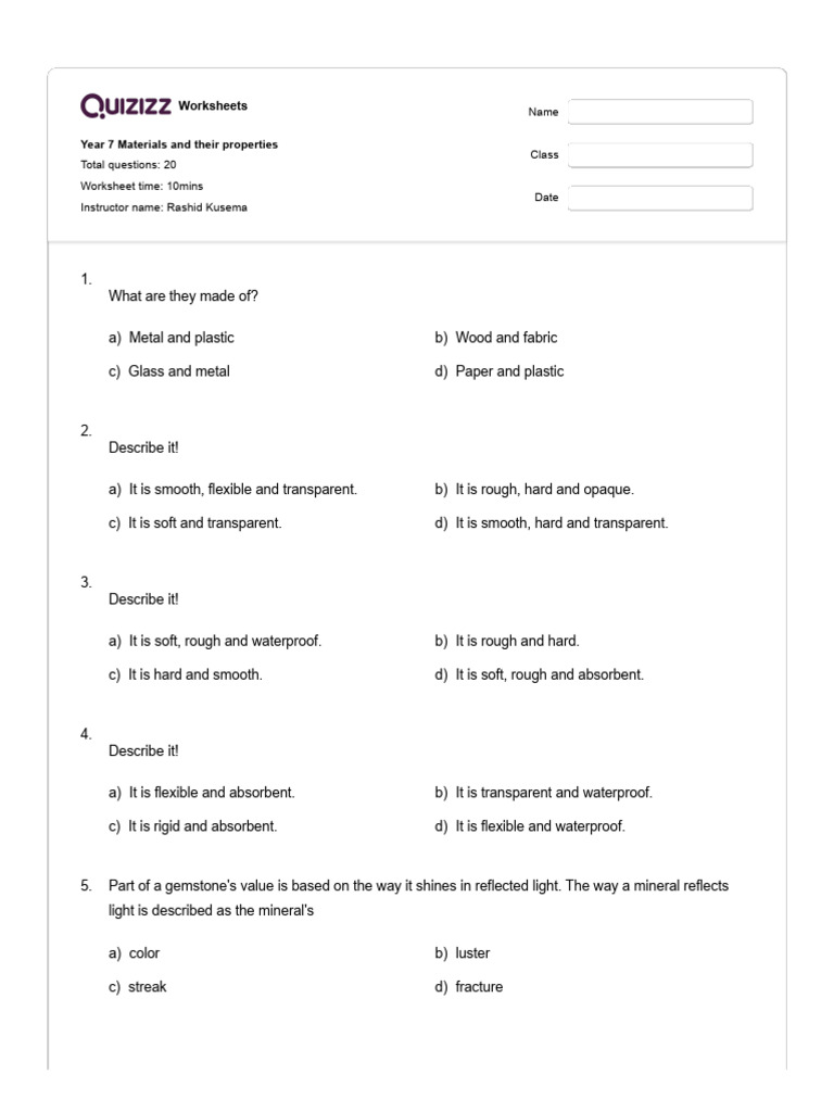 Year 7 Materials and Their Properties - Quizizz | PDF | Ductility | Density