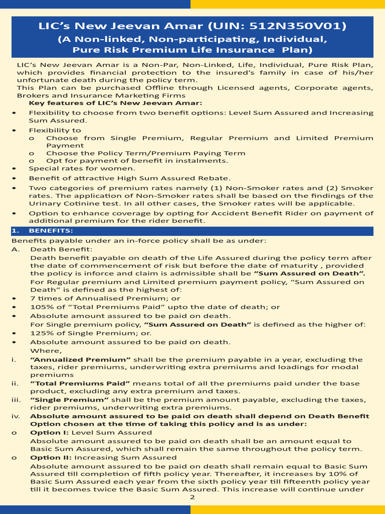 LIC - Jeevan Amar - Sales Brochure - 4 Inch X 9 Inch - Eng | PDF | Insurance | Life Insurance