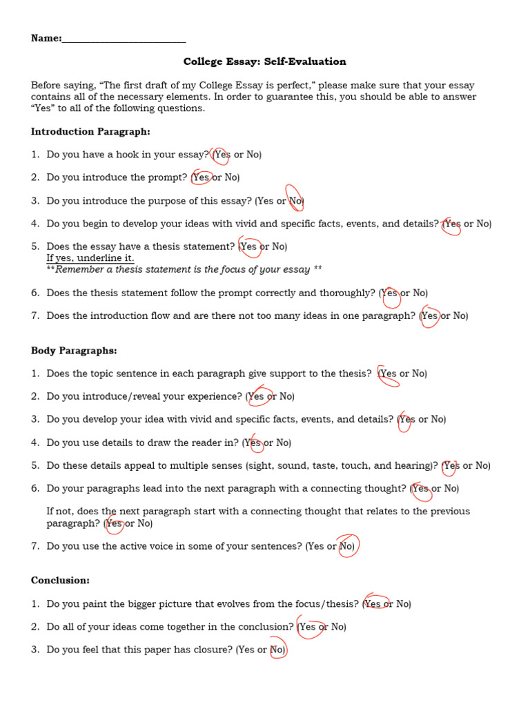 College Essay Self-Evaluation Checklist | PDF | Essays | Paragraph