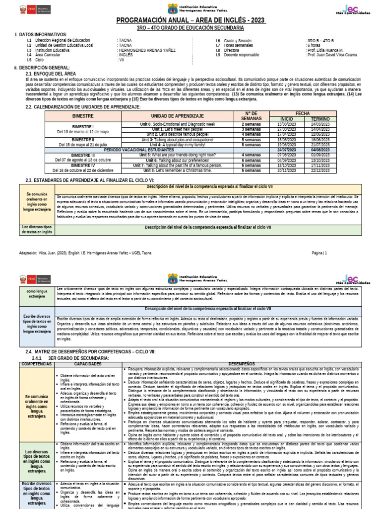 3ro - 4to Grado - Programación Anual 2023 - Ciclo 7 | PDF | Comunicación no verbal | Enseñando