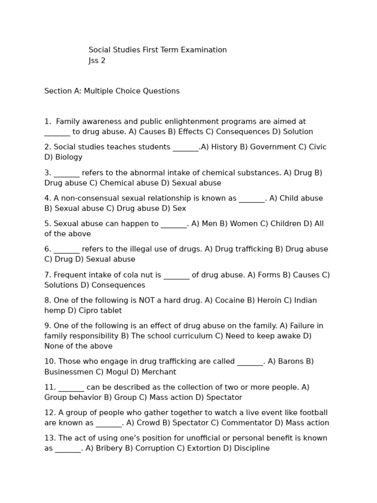 JSS2 Social Studies Exam: Drug Issues | PDF | Substance Abuse | Bribery