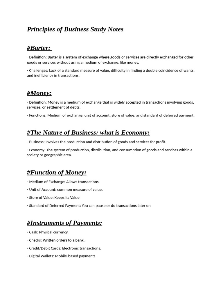 Principles of Business Study Notes | PDF | Money | Medium Of Exchange