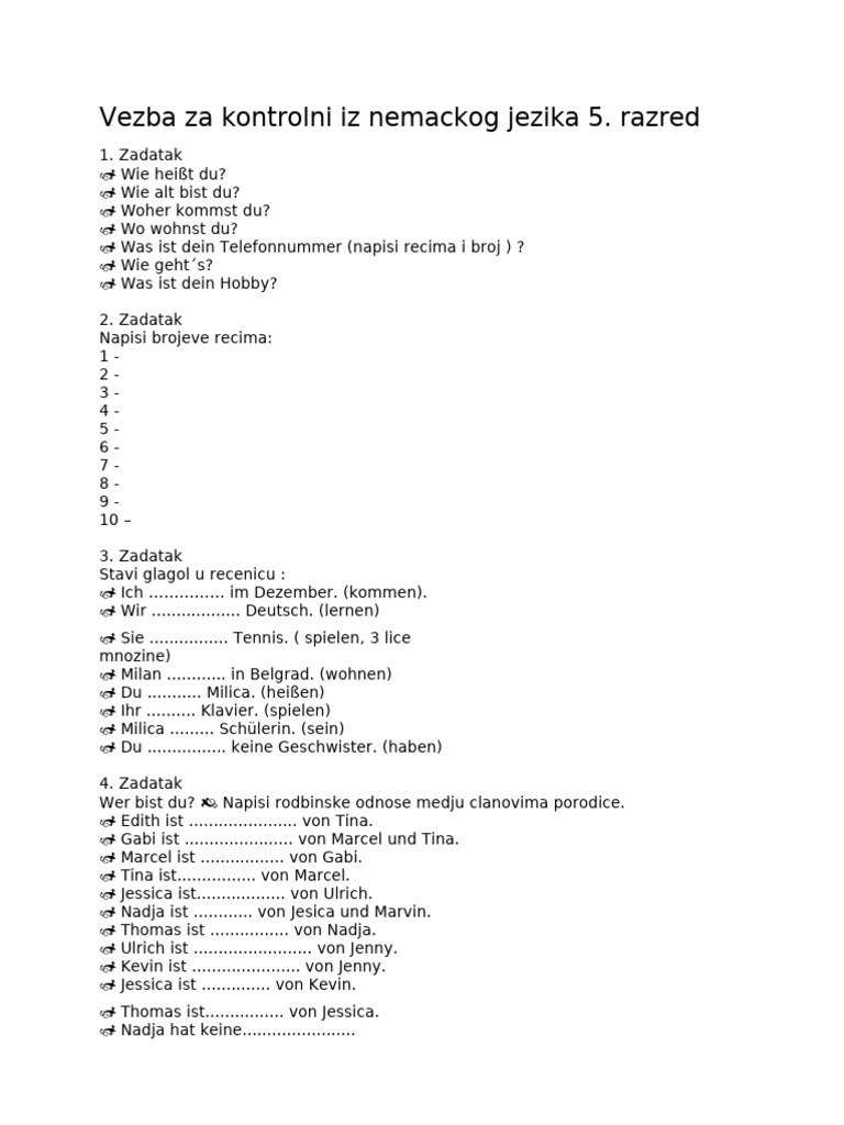 Vezba Za Kontrolni Iz Nemackog Jezika 5 | PDF