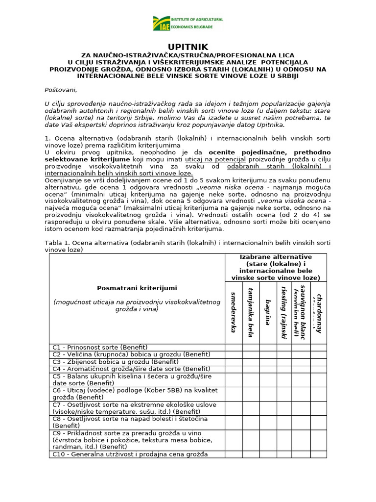 Upitnik U Cilju Istrazivanja Odredjenog Potencijala Lokalnih Sorti ...