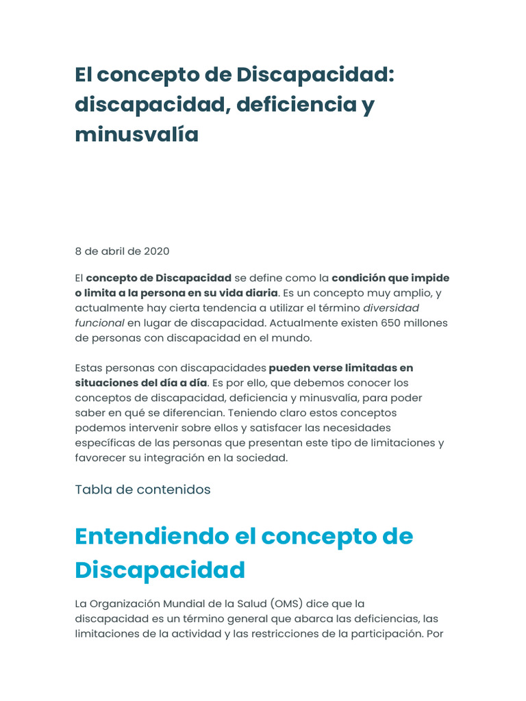 El Concepto de Discapacidad, Minusvalía y Deficiencia | PDF | Invalidez ...