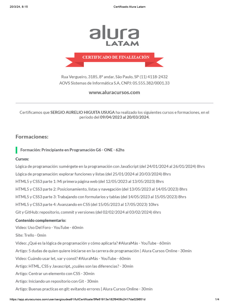 Certificado Alura Latam | PDF | Script Java | HTML5