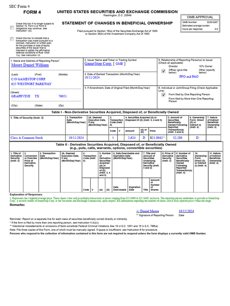 Form 4: United States Securities and Exchange Commission Statement of ...
