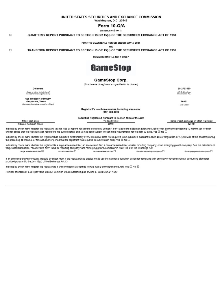 Form 10-Q/A: Gamestop Corp | PDF | Equity (Finance) | Financial Statement