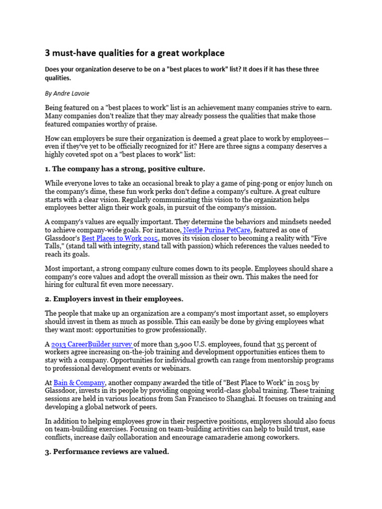 3 Must Have Qualities For A Great Work Place | PDF | Employment ...