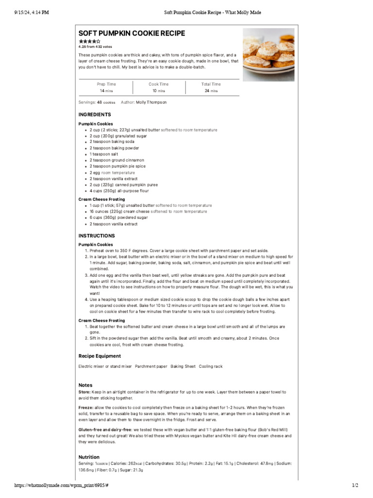 Molly's Soft Pumpkin Cookies Recipe | PDF | Teaspoon | Butter