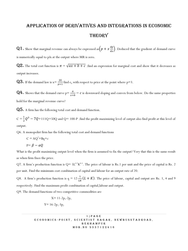 Application of Derivatives and Integrations in Economic Theory | PDF