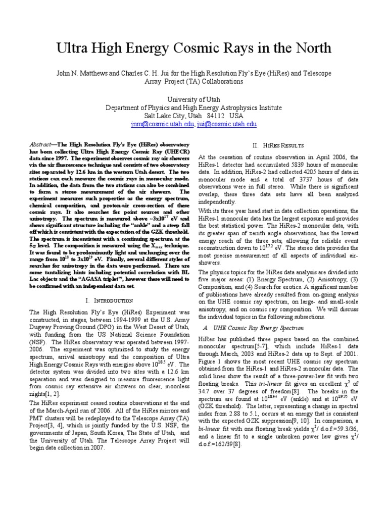 Ultra High Energy Cosmic Rays in The North: Jnm@cosmic - Utah.edu Jui ...