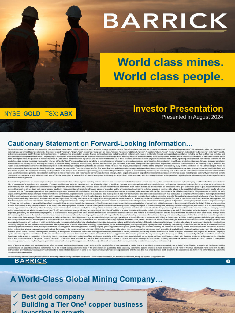 Barrick Investor Presentation Aug2024 | PDF | Dividend | Risk