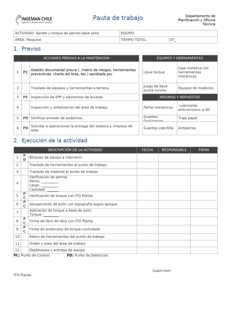 Pauta de Trabajo Apriete y Torque de Pernos Base Polin | PDF