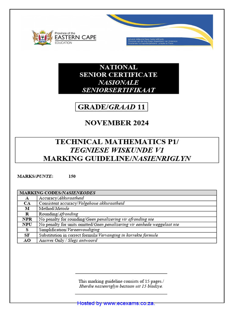 Tech Maths p1 Memo Gr11 Nov2024 Eng - Afr - Watermark | PDF | Mathematics
