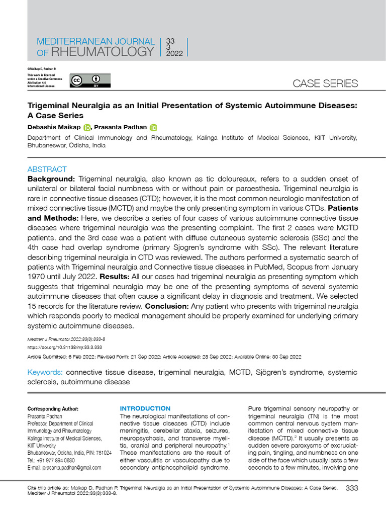 Trigeminal Neuralgia As An Initial Presentation of Systemic Autoimmune ... Trigeminal Neuralgia As An Initial Presentation of Systemic Autoimmune ...