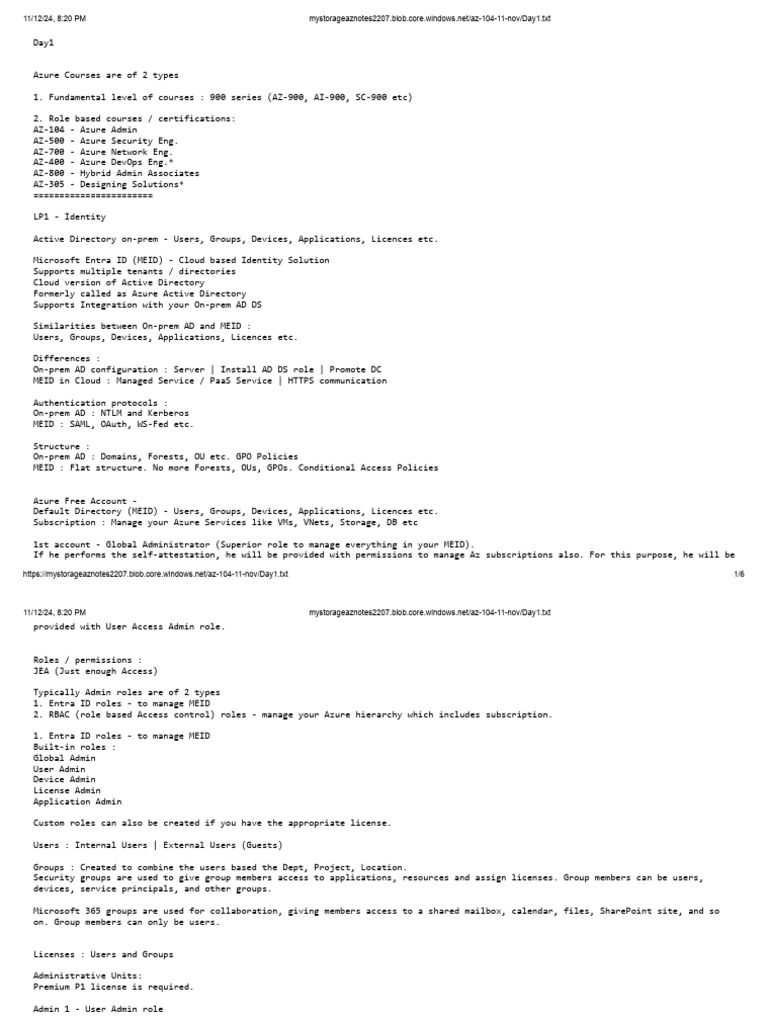 Az - 104 - Day2 Note Files From Class On 11 - 2024 | PDF | Active Directory | Computer Access ...