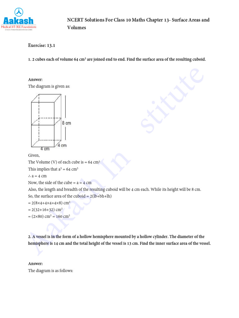 NCERT Solution Class 10 Maths Chapter 13 | PDF | Sphere | Volume