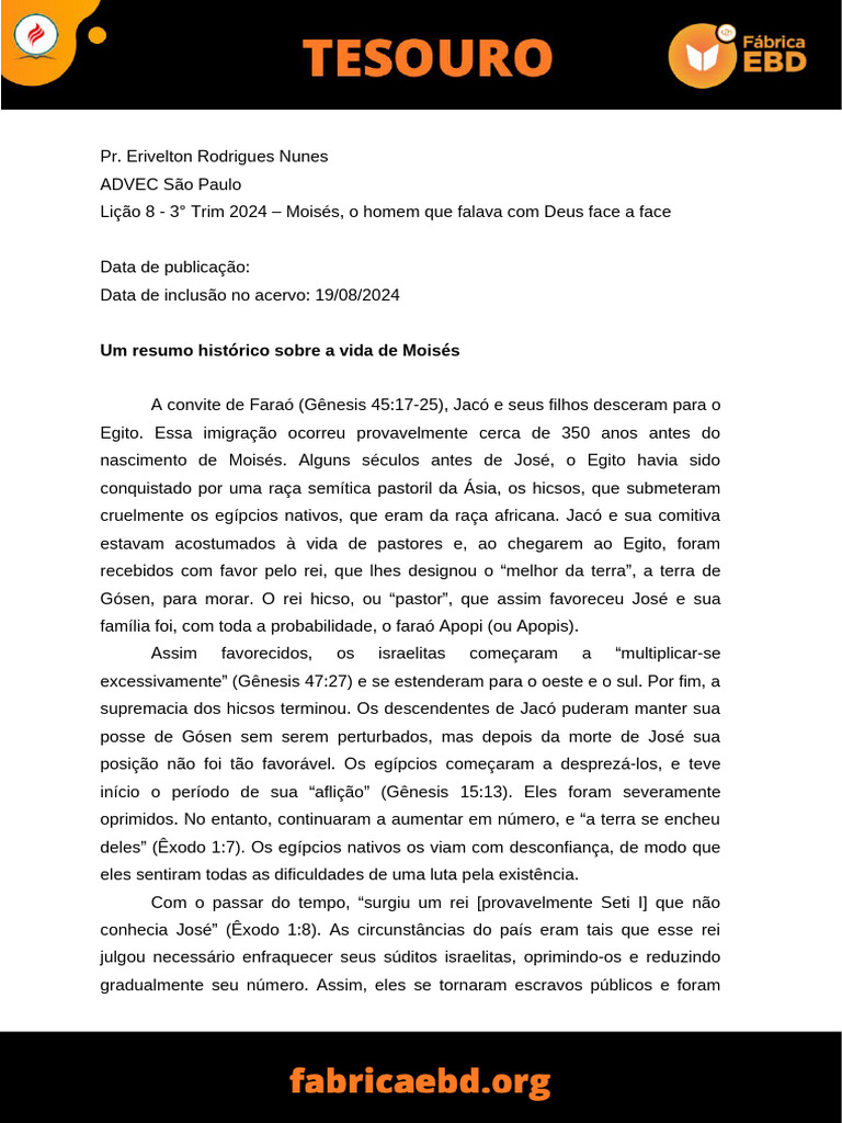 LC L8 Moisés Resumo Textual Erivelton | PDF | Moisés | Livro do Êxodo
