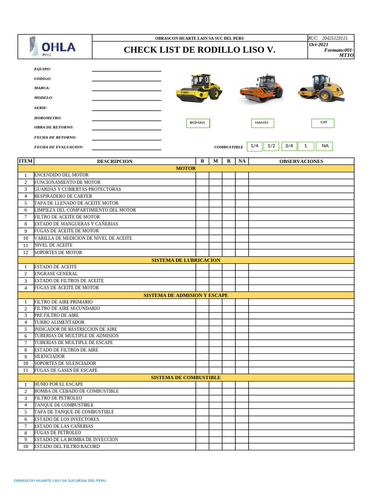 Formato EQ-015 Check List Rodillo Liso | PDF | Inyección de combustible | Radiador