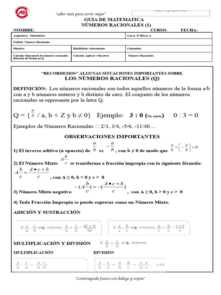 Gu-A de Ejercicios N-1 N-Meros Racionales 8 - B-Sico | PDF | Números | Número racional