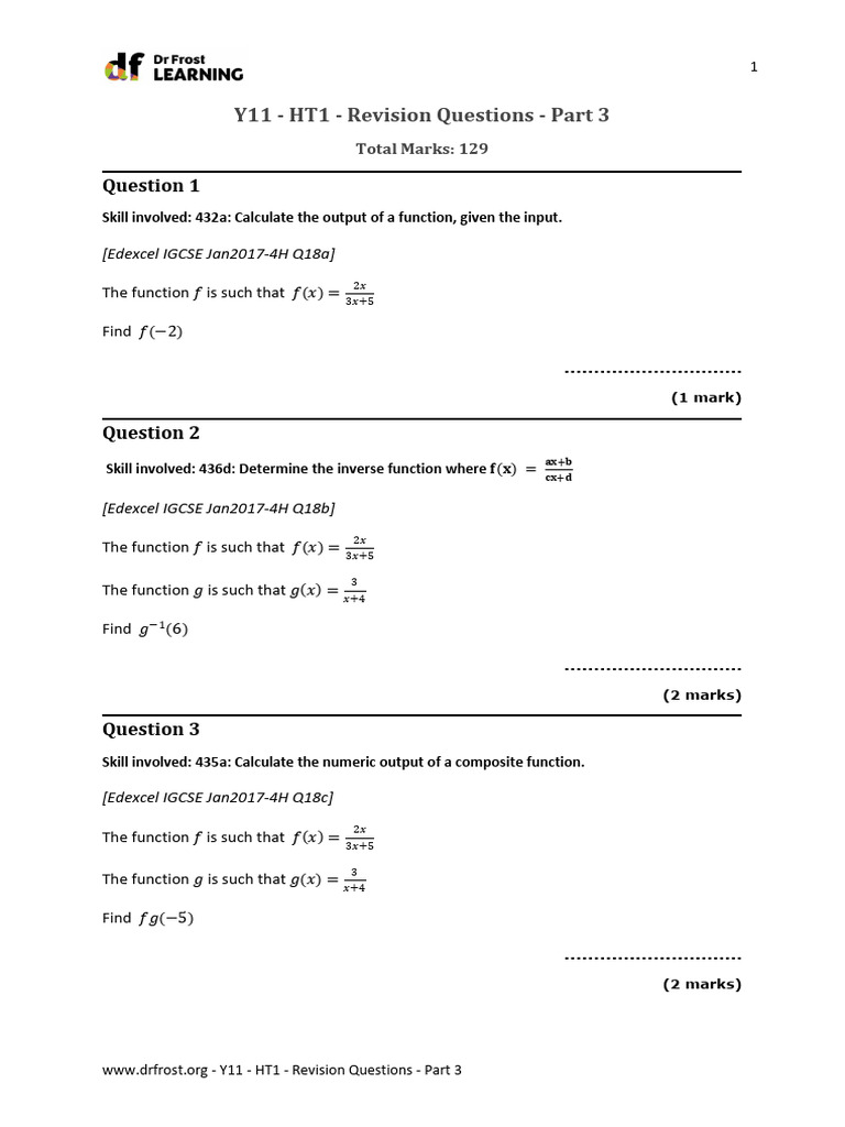 Y11 - HT1 - Revision Questions - Part 3 | PDF | Function (Mathematics ...