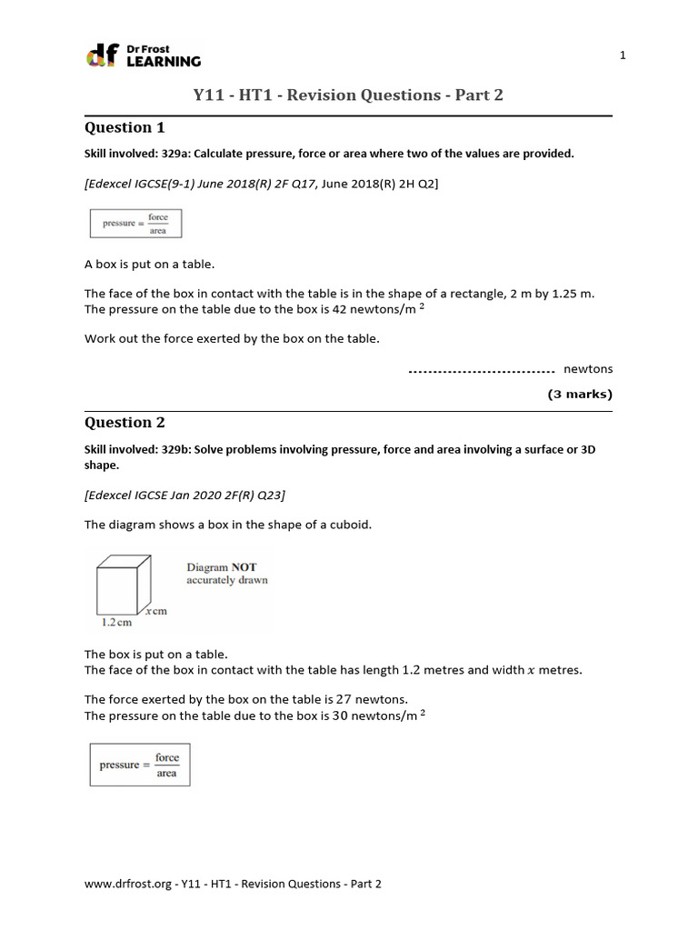 Y11 - HT1 - Revision Questions - Part 2 | PDF | Quadratic Equation | Force