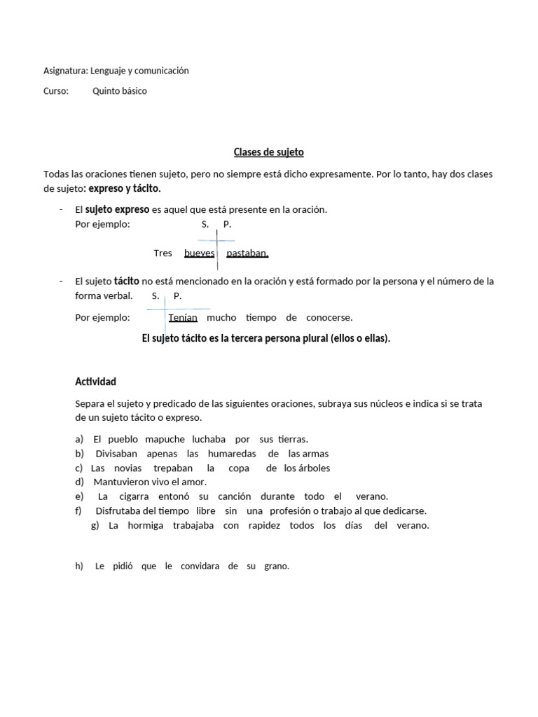 Clases de Sujeto: Expreso y Tácito | PDF | Artes del Lenguaje y ...
