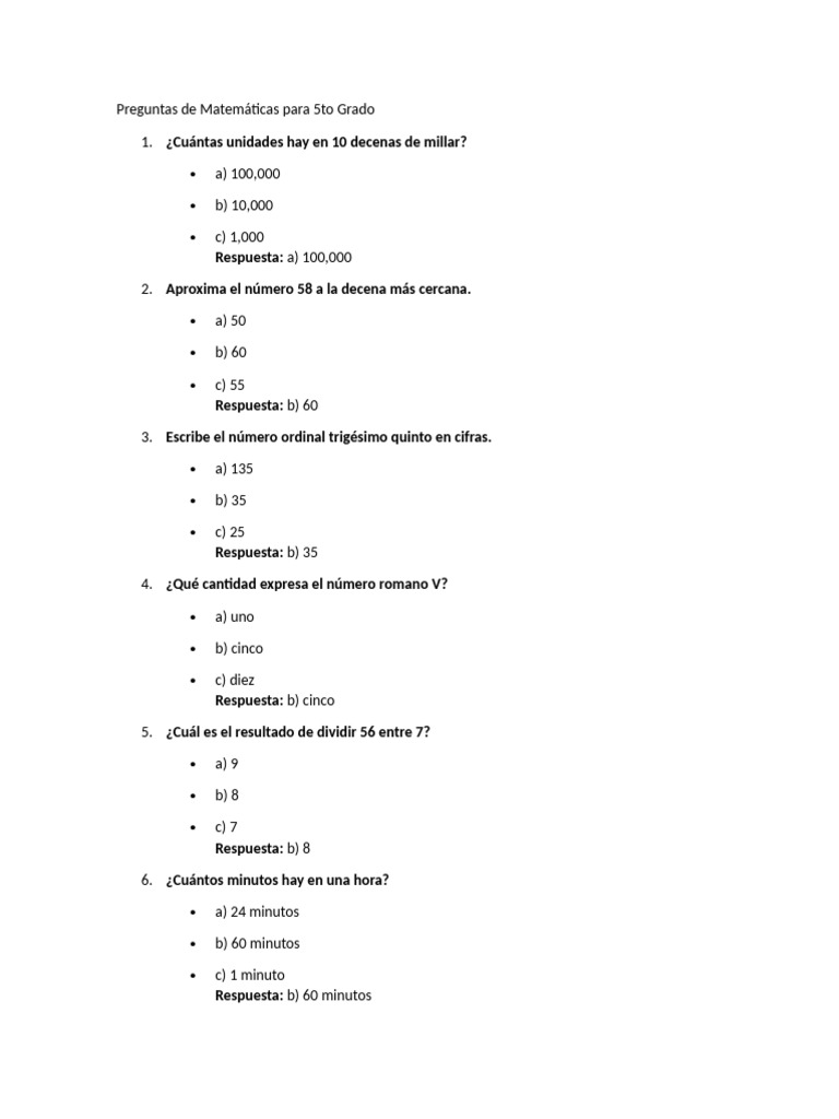 Preguntas de Matemáticas para 5to Grado | PDF