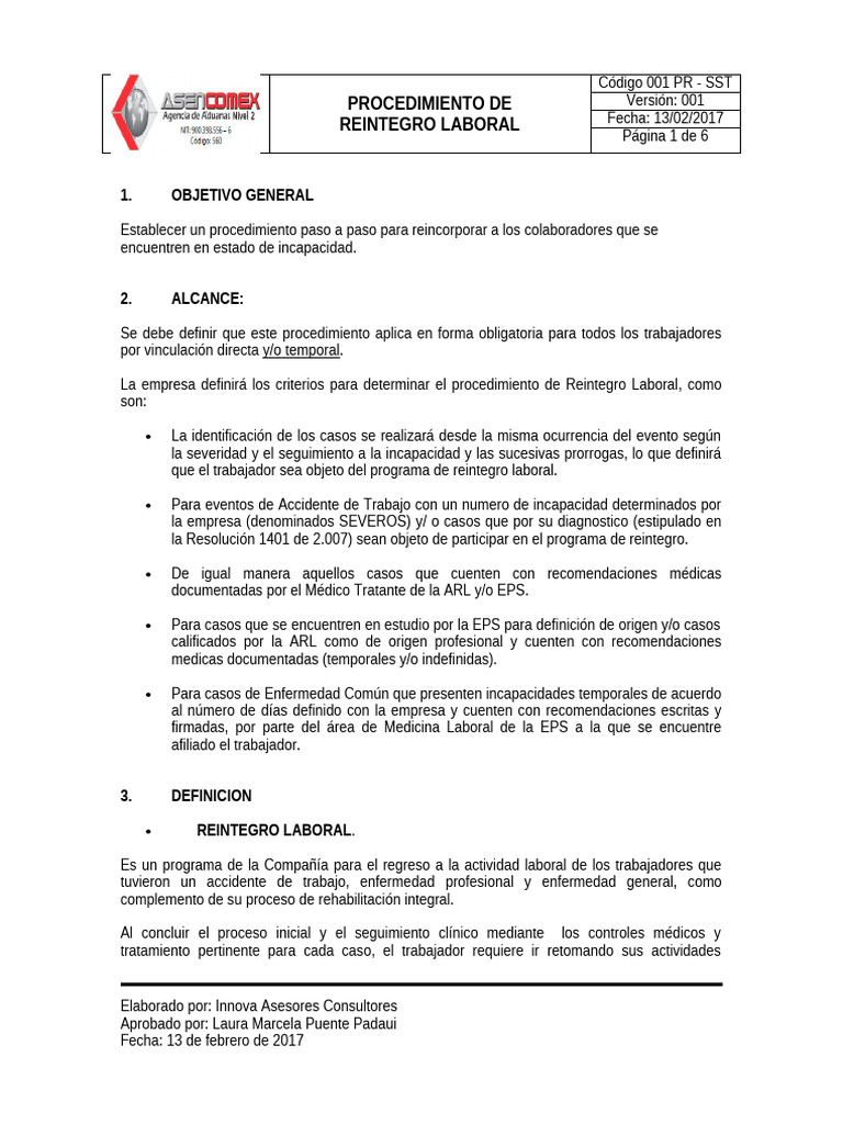 022 PR - SST Procedimiento para El Reintegro Laboral A La Empresa V000 ...
