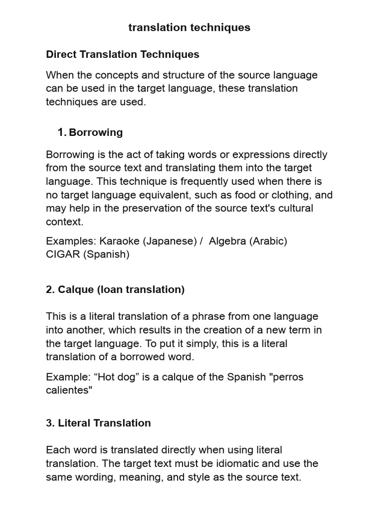 Translation Techniques | PDF | Translations | Linguistics Translation Techniques | PDF | Translations | Linguistics