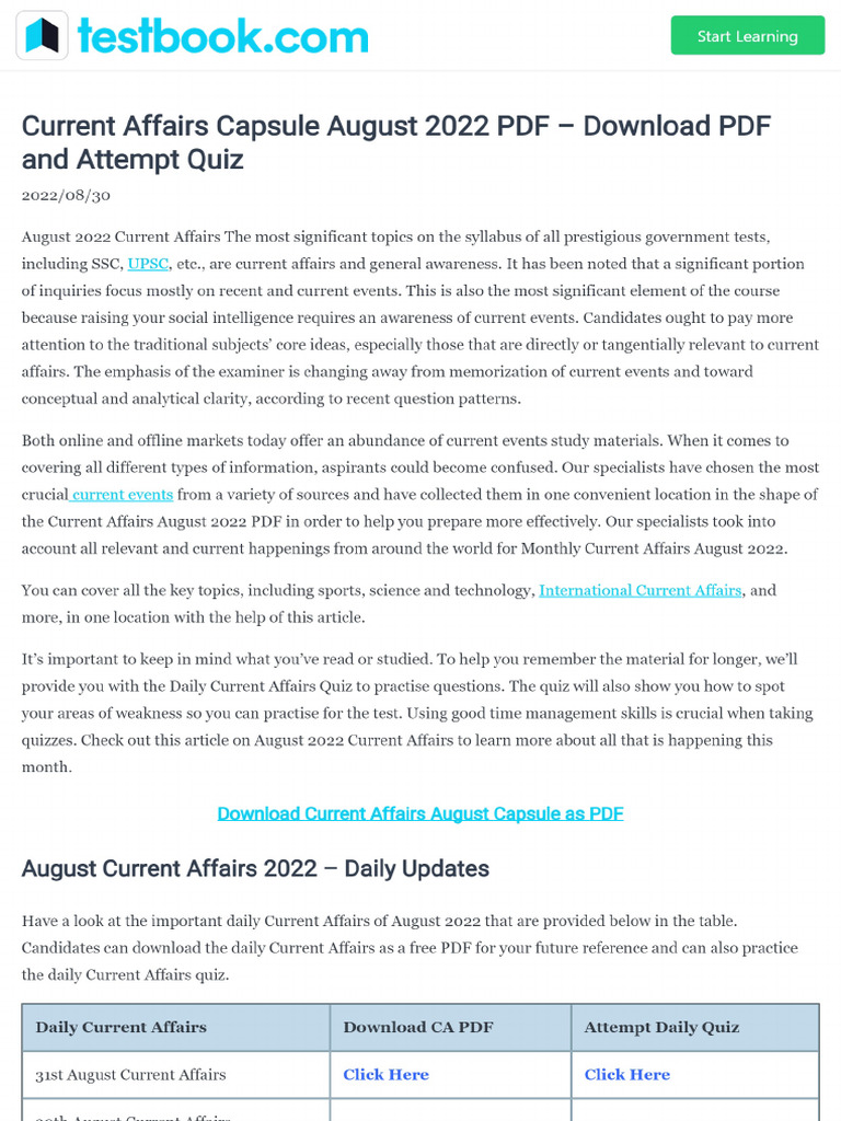 Monthly Current Affairs PDF August 2022 | PDF
