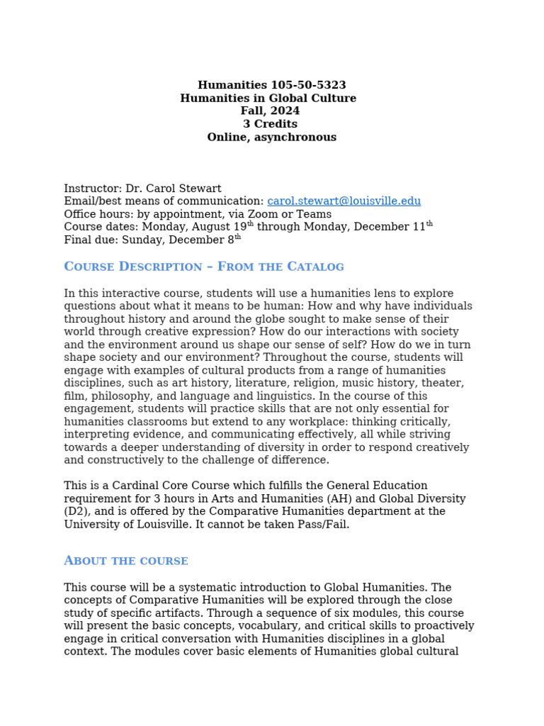 Humanities 105-50-5323 Humanities in Global Culture Syllabus Fall 2024 ...