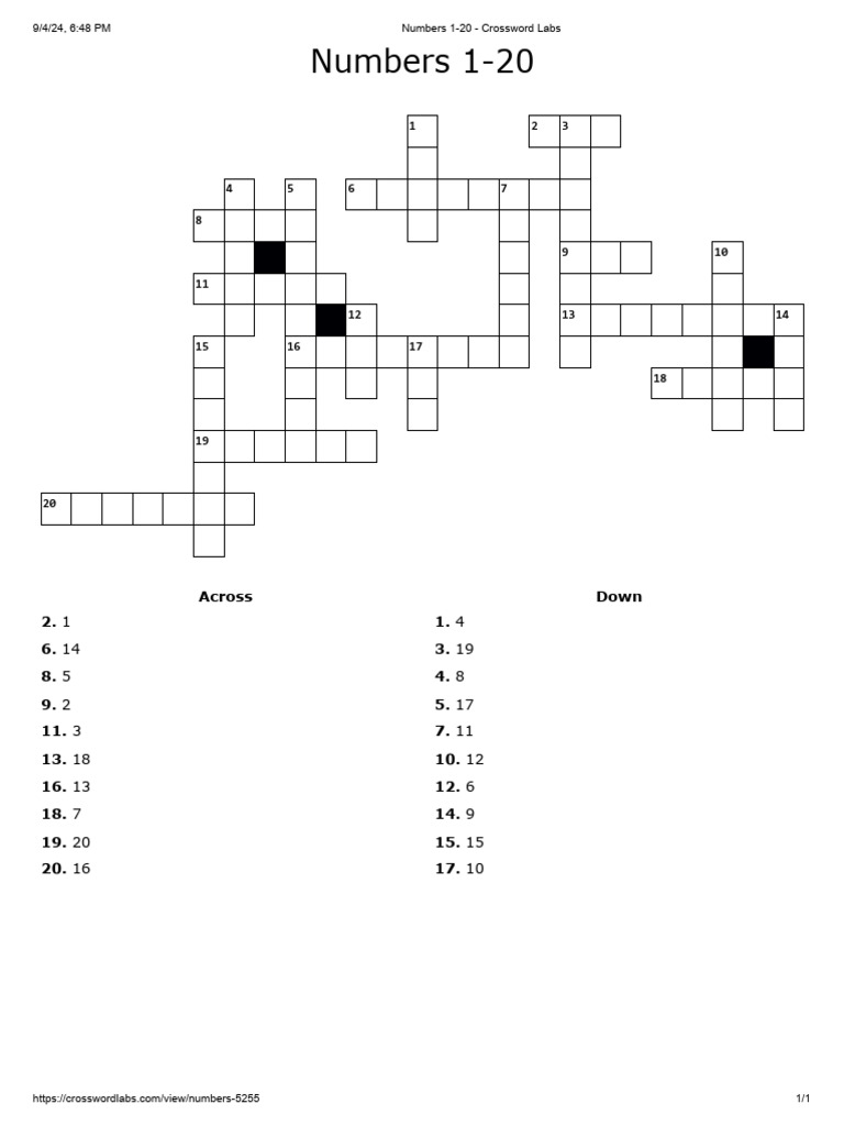 Numbers 1-20 - Crossword Homework | PDF
