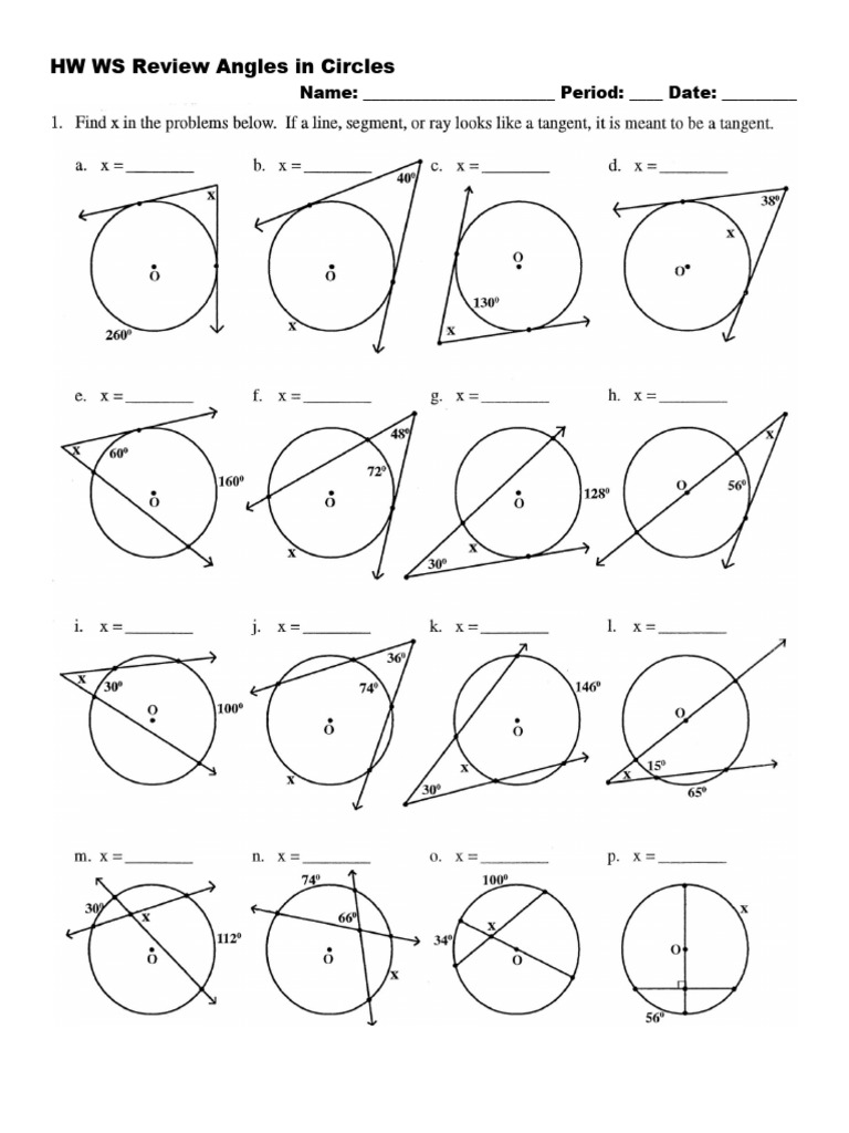HW Ws Review Angles in Circles | PDF