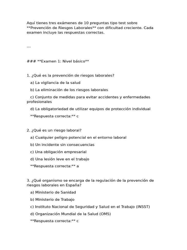 Examen Test PRL 1° Ciclo | PDF | Seguridad y salud ocupacional | La ...