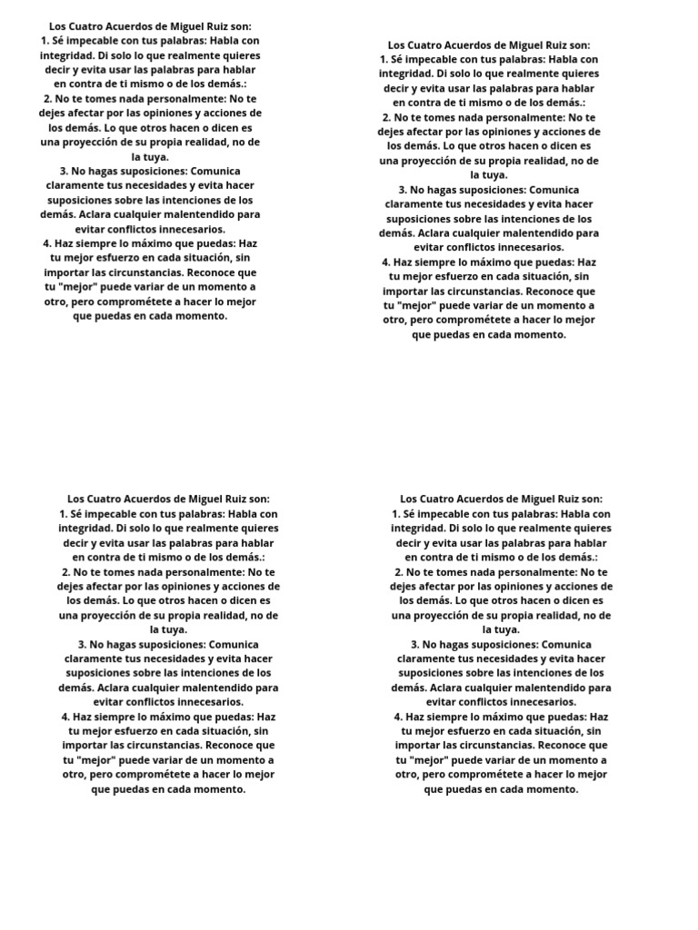 Los Cuatro Acuerdos de Miguel Ruiz Son 1. Sé Impecable Con Tus Palabras Habla Con Integridad. Di ...
