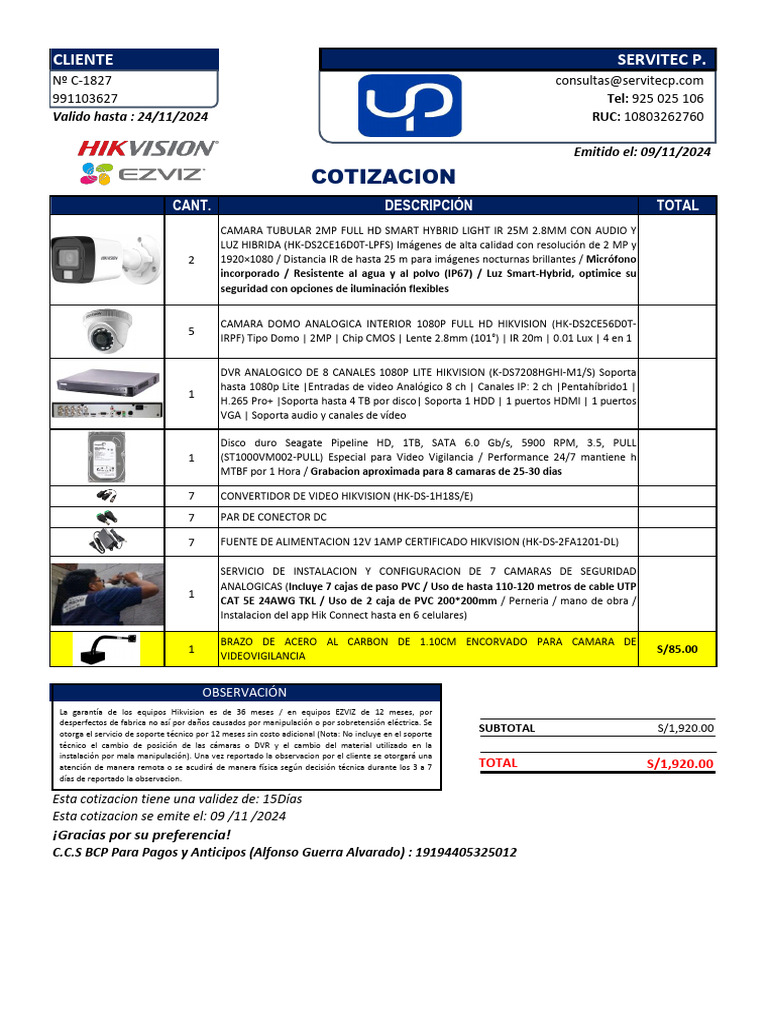 Cotizacion: Cliente Servitec P Servitec P | PDF | Informática | Tecnología de pantalla