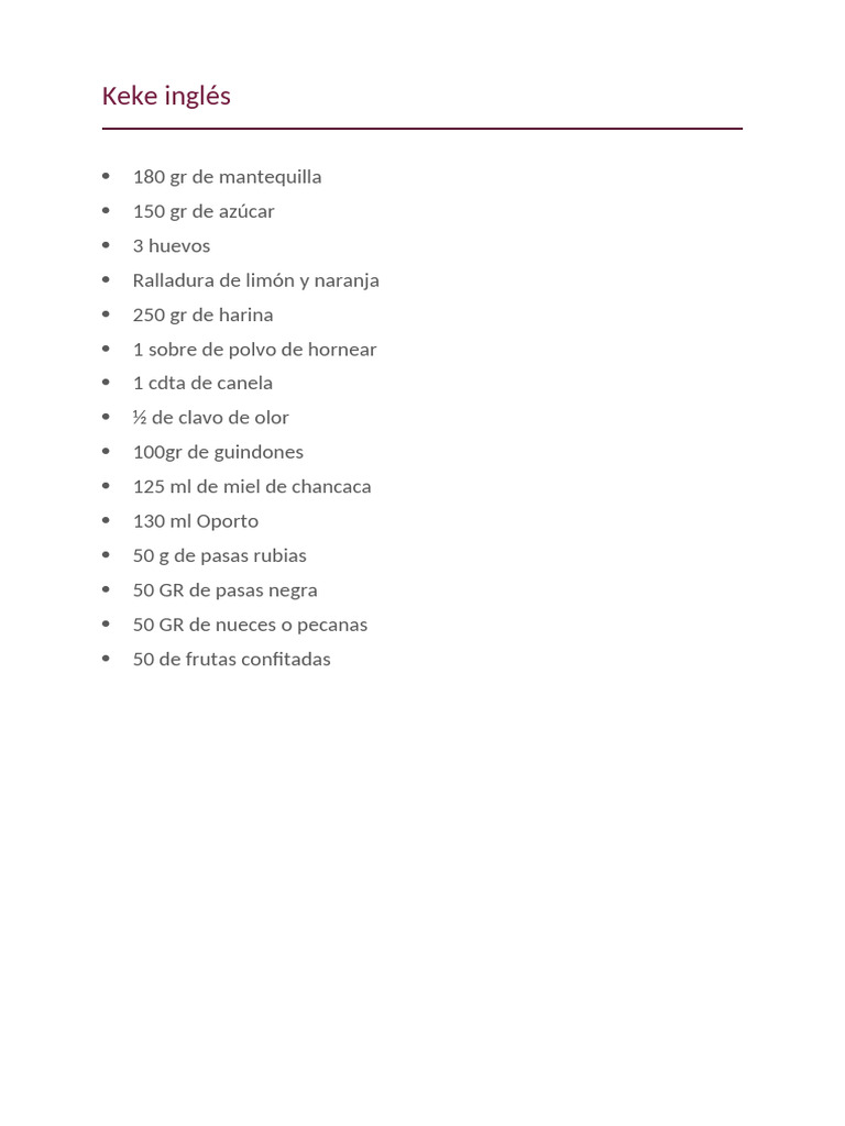 Receta de Keke Inglés | PDF