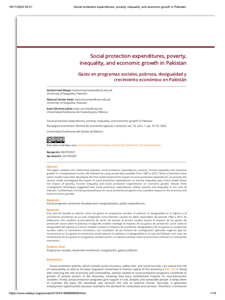 Social Protection Expenditures, Poverty, Inequality, and Economic Growth in Pakistan | PDF ...