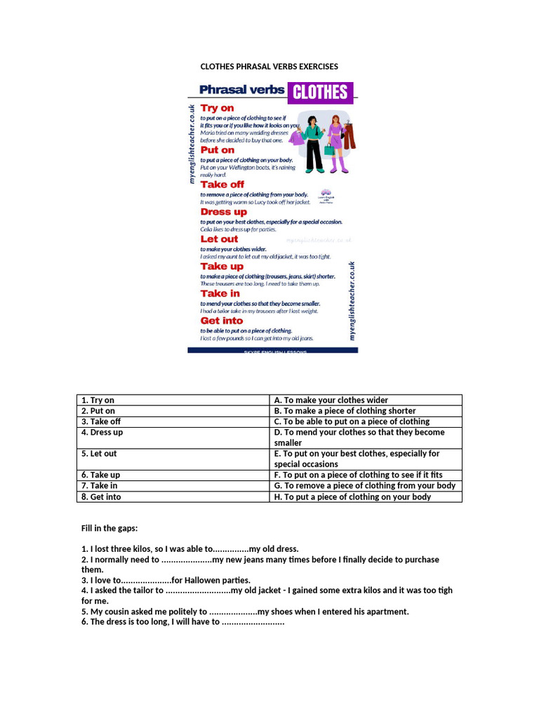 Clothes Phrasal Verbs Exercises | PDF | Language Arts & Discipline ...